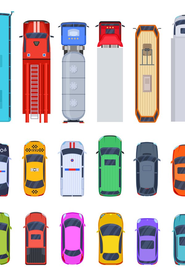 Top view public transport. Truck, cars isolated icons. Polic