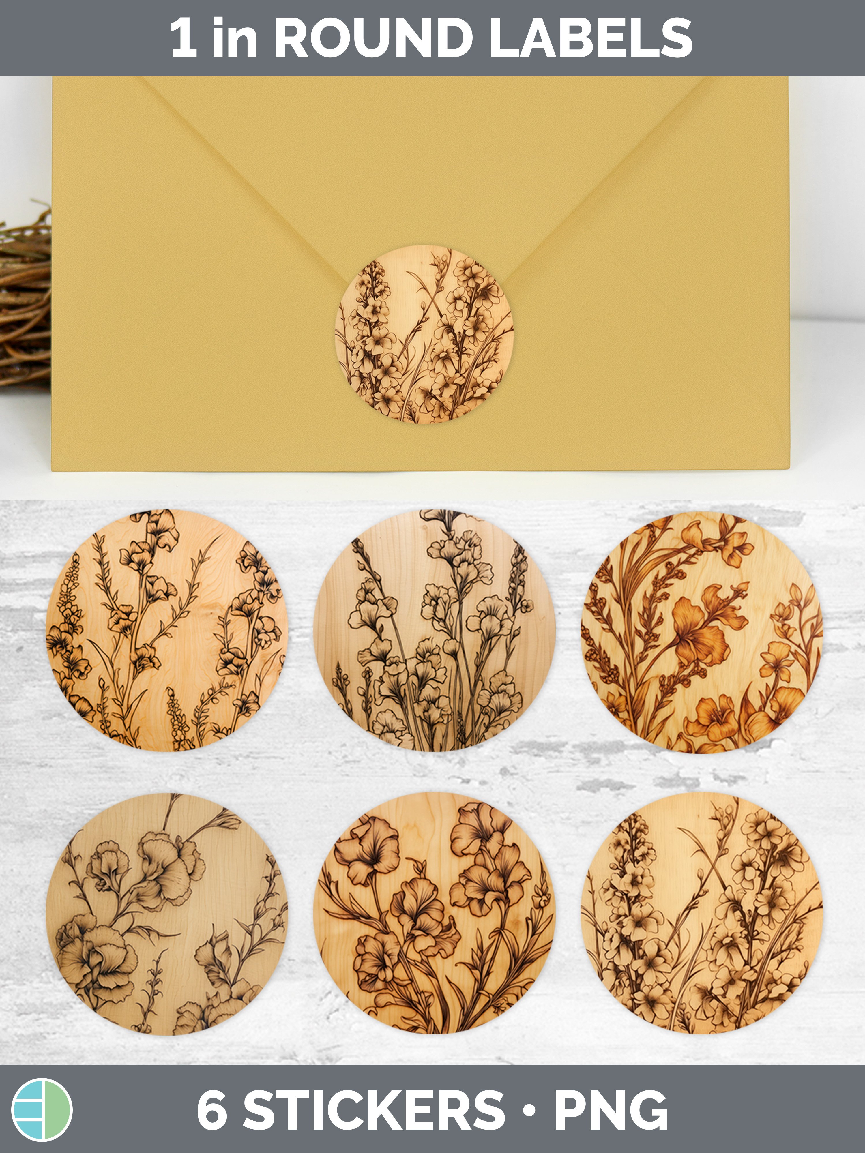 Wood Burned Snapdragon Flowers Stickers | Round Labels Desig