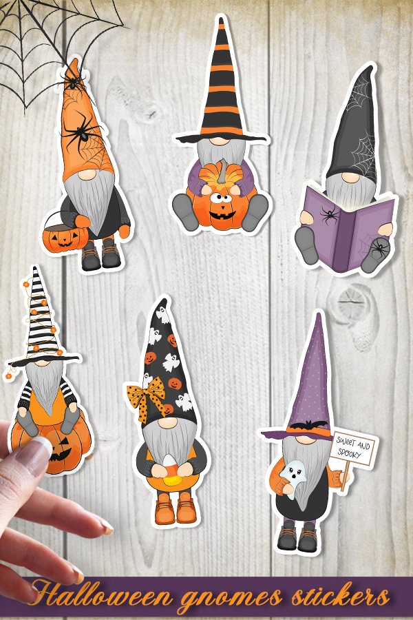 Halloween gnomes printable stickers. PNG, PDF.