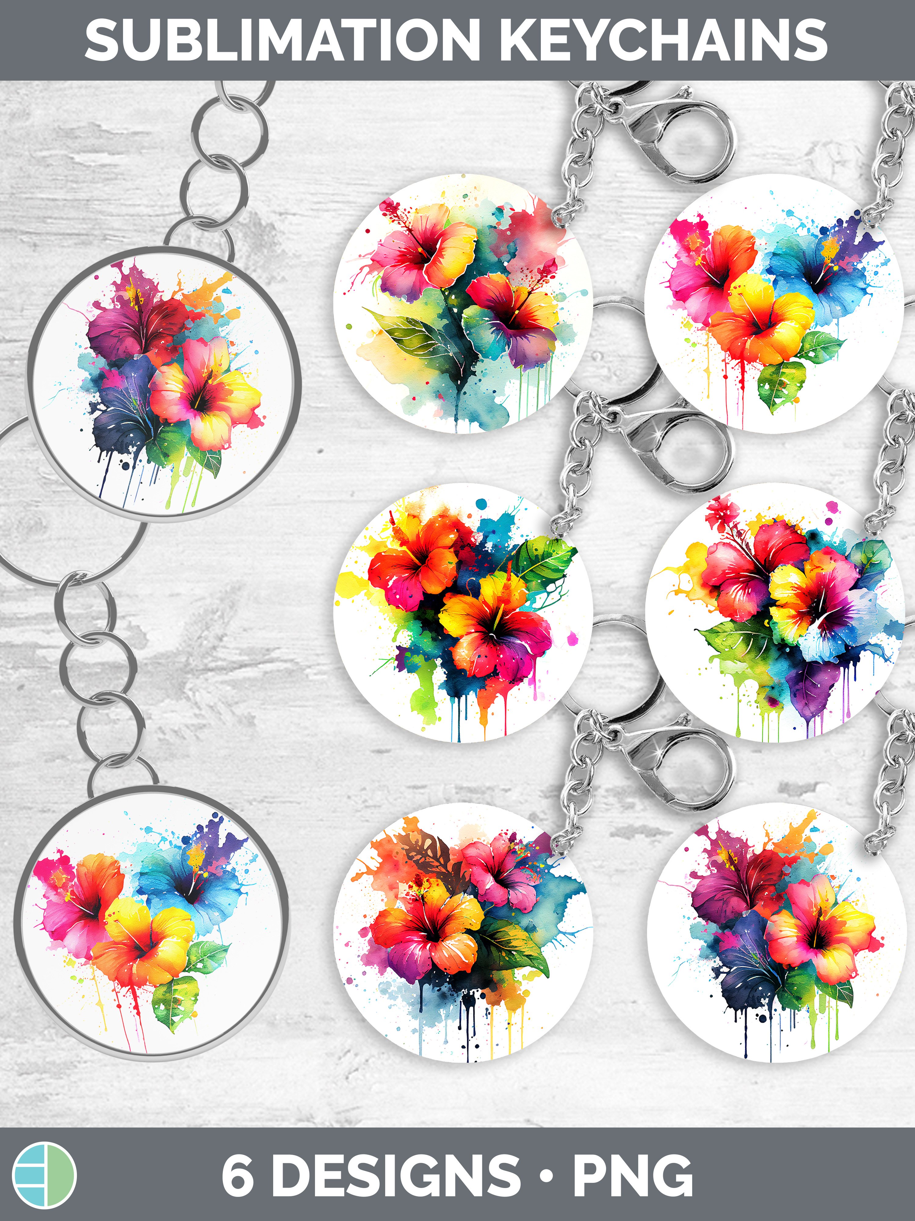 Rainbow Hibiscus Flowers Keychain | Sublimation Keyring Desi