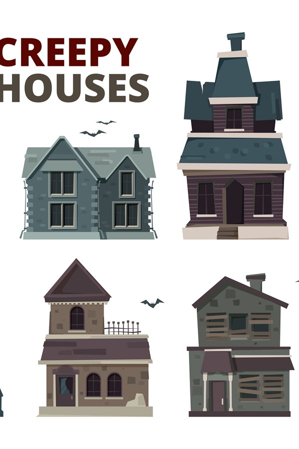 Horror house. Halloween scary gothic village buildings with