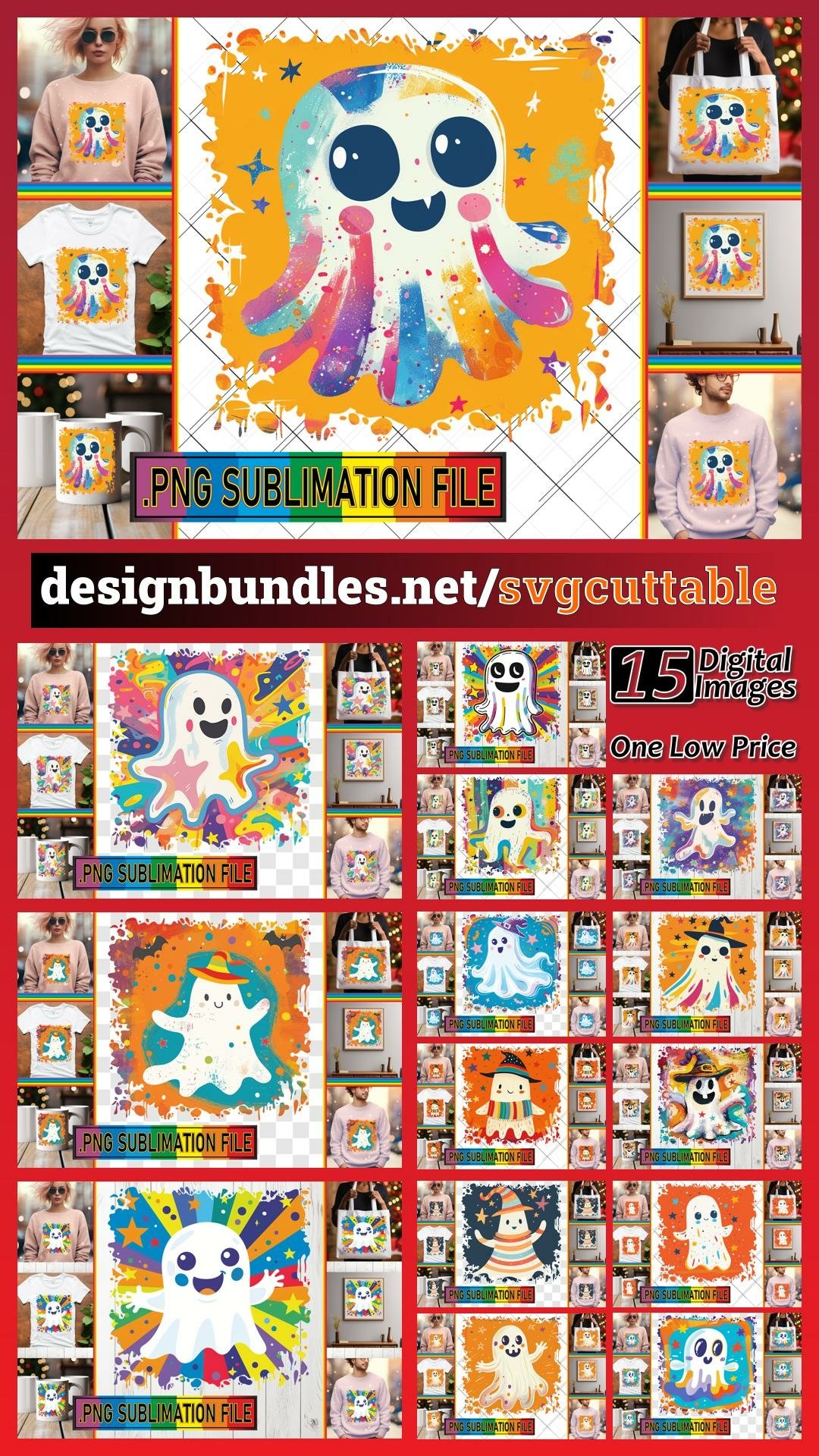 15x Playful and Spooky Halloween Cute Ghost Bundle PNG