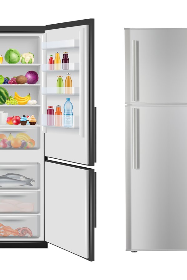 Fridge with food. Opening realistic refrigerator with fresh