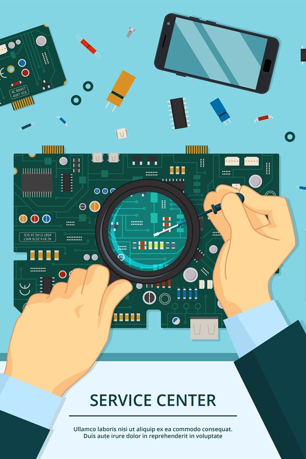 Concept illustration of technician service. Hands with magni