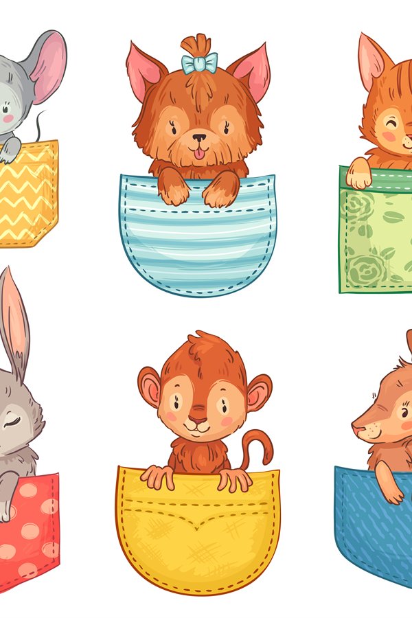 Cartoon pocket animals. Cute dog, funny cat and bunny. Monke