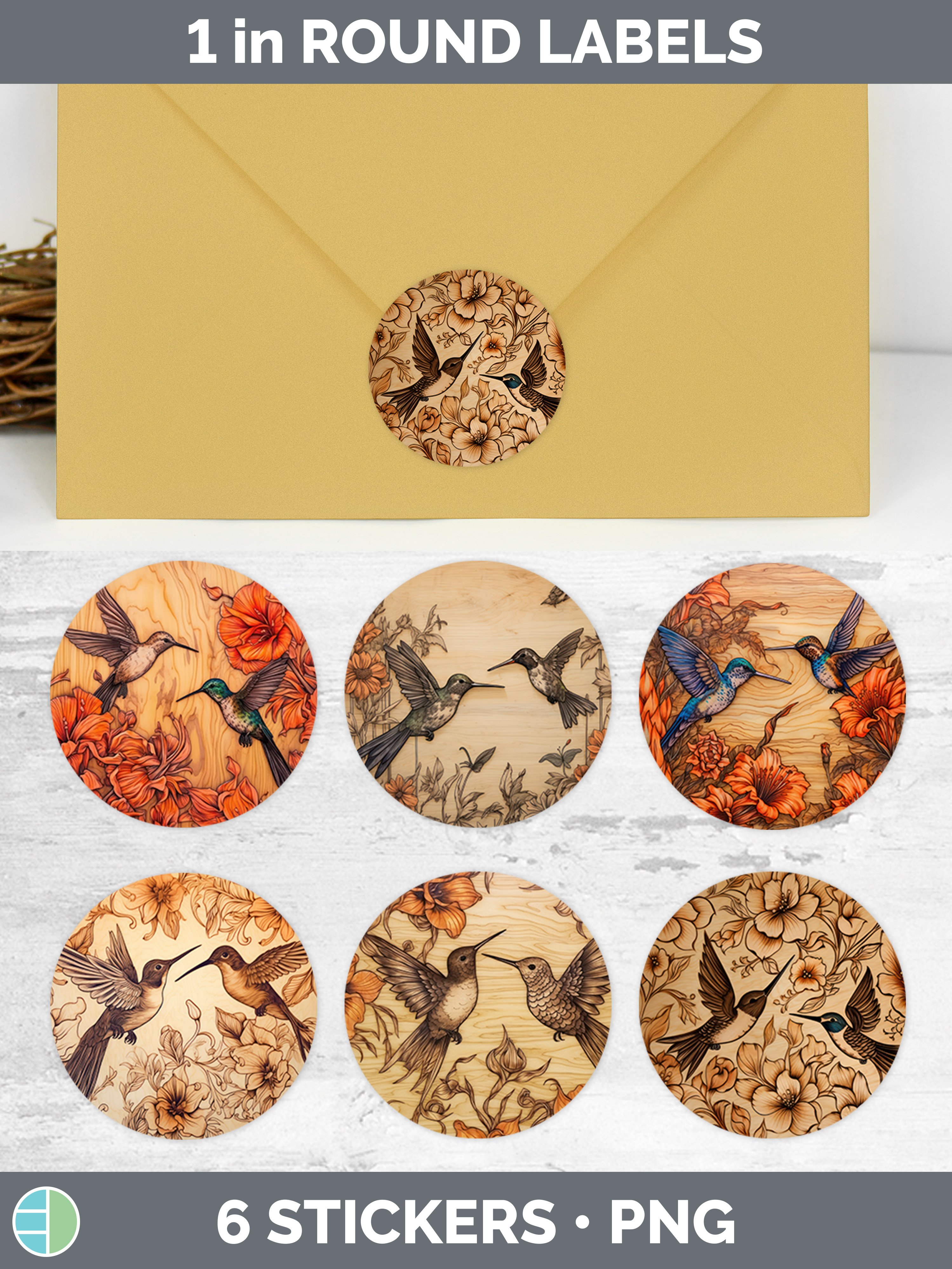 Wood Burned Hummingbird Bird Stickers | Round Labels Designs