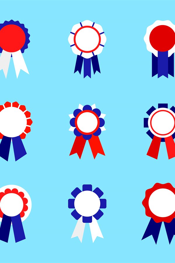 Colored badge emblem awards set with ribbon