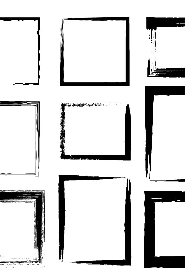 Grunge frames. Dirty borders with black paint brush strokes.