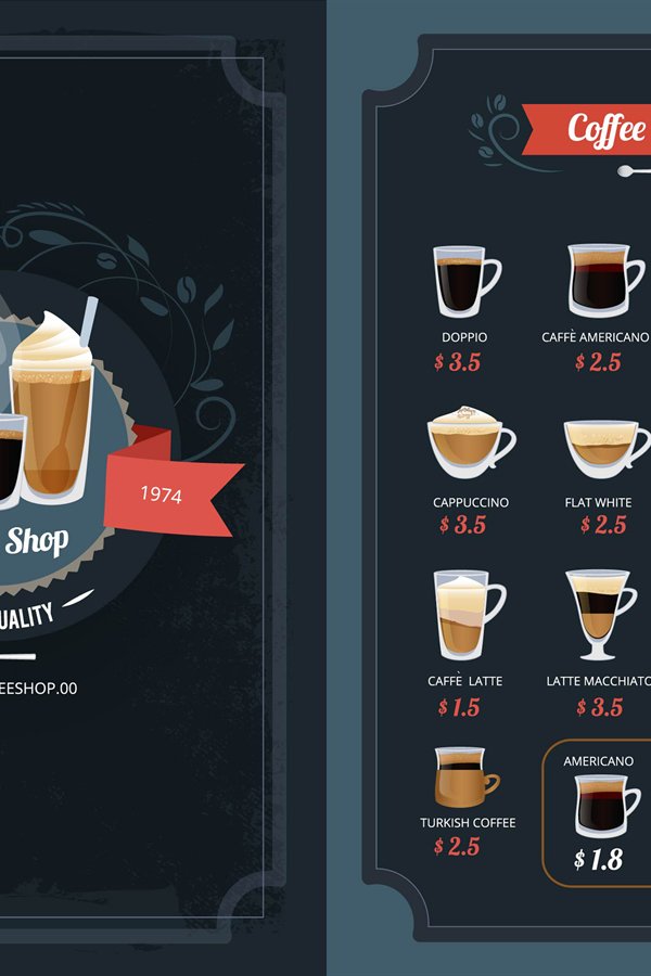 Coffee menu with different types. Cappuccino, macchiato, lat