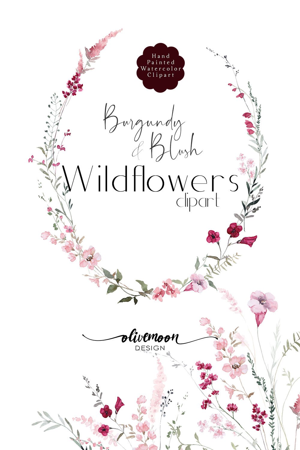 Burgundy Blush Wildflowers Floral Clipart Wreath Bouquet PNG