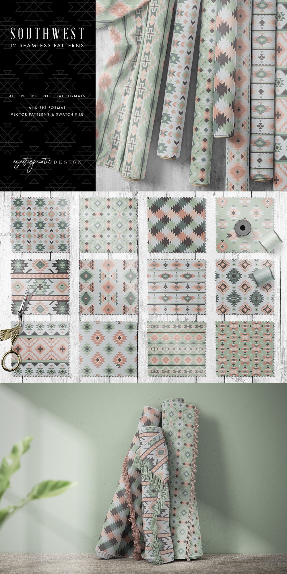 12 Seamless Southwest Patterns - Pink, Green & Gray