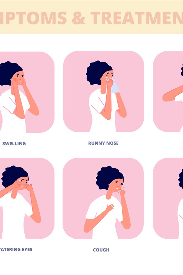 Allergy symptoms. Allergic cough, sick woman treatment. Seas