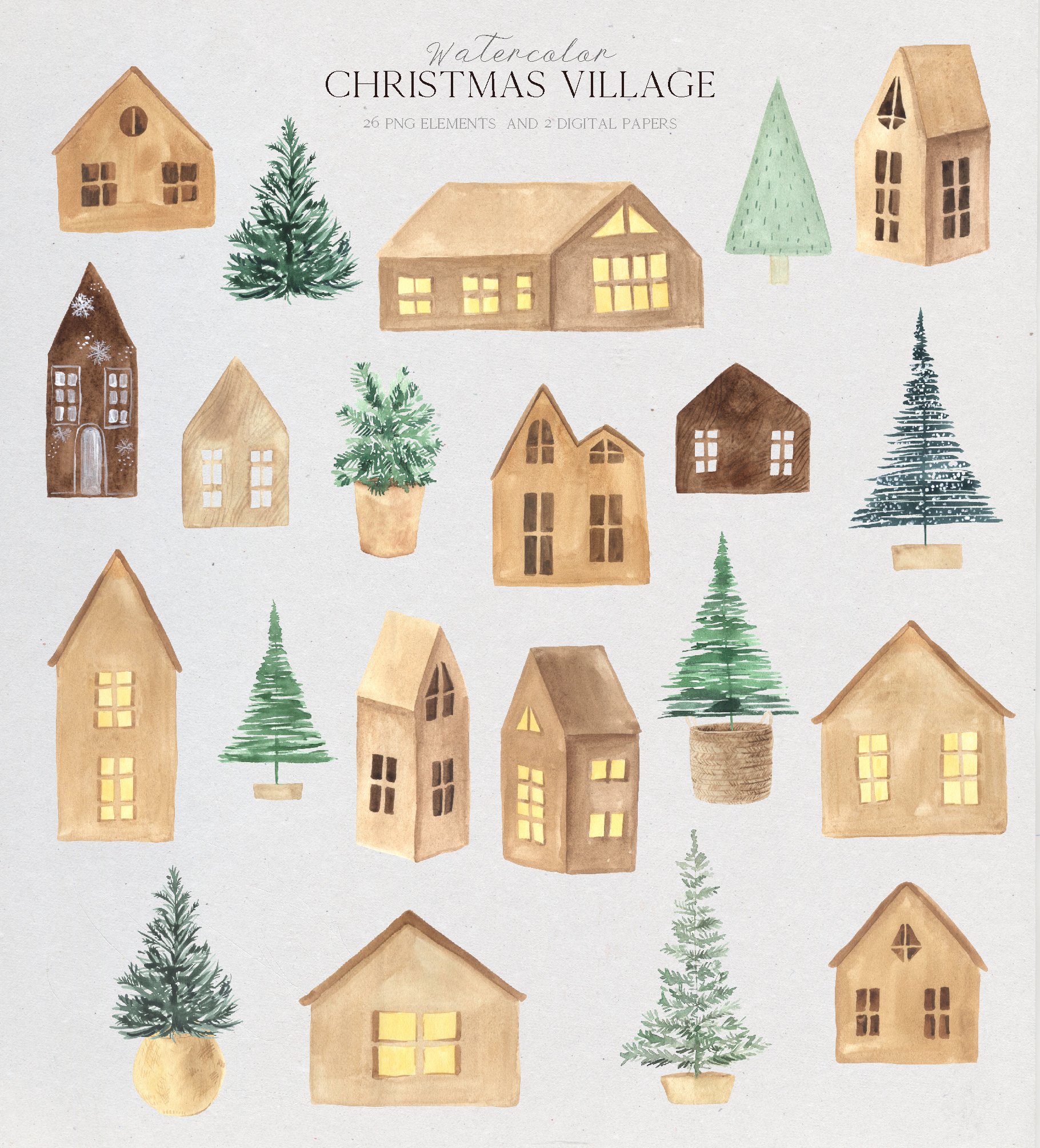 Watercolor Vintage Chritstmas Village Clipart