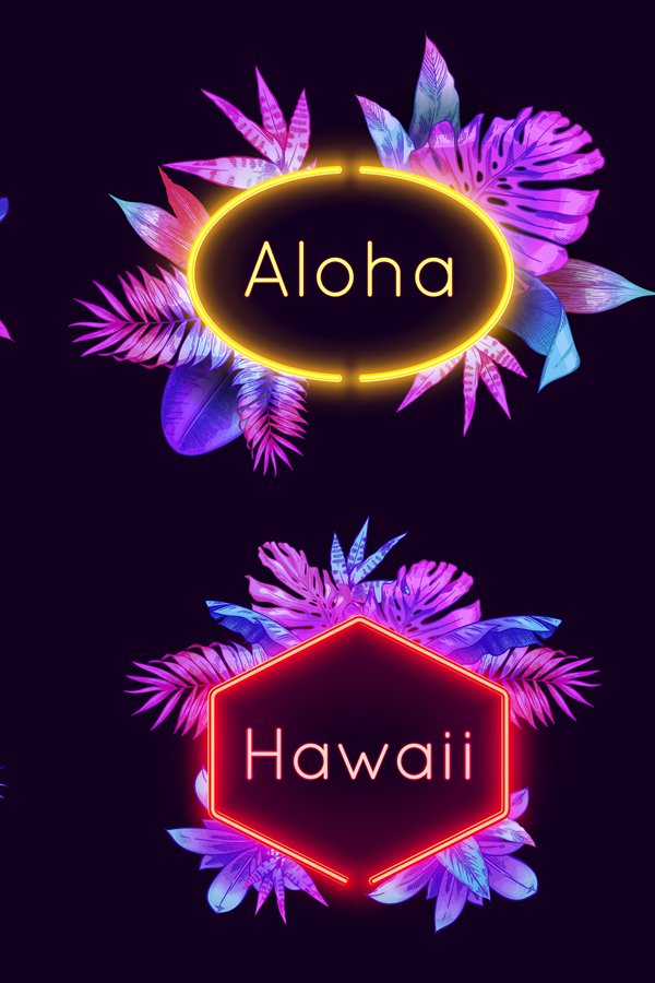 Neon aloha badges. Hawaii palm trees leaves with neon lights
