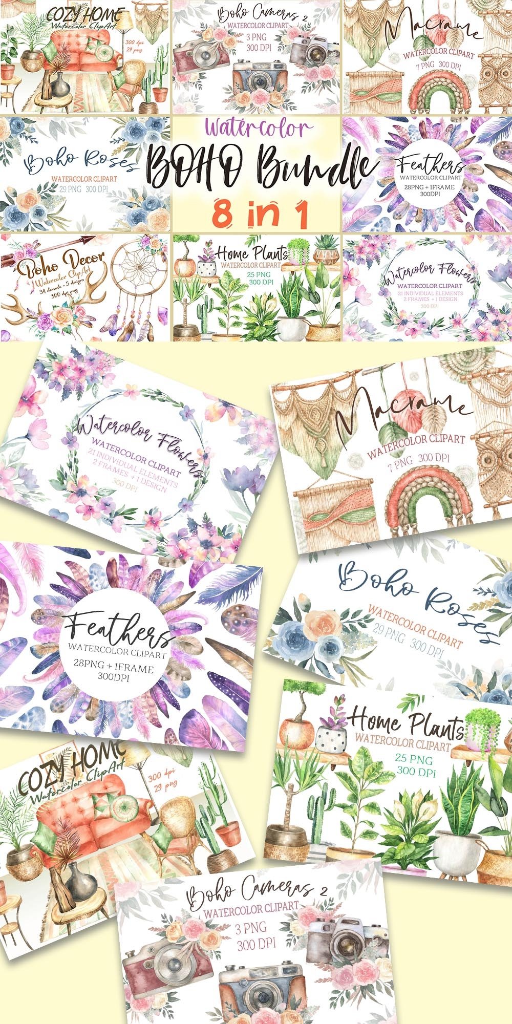 Boho Watercolor Bundle | home set clipart