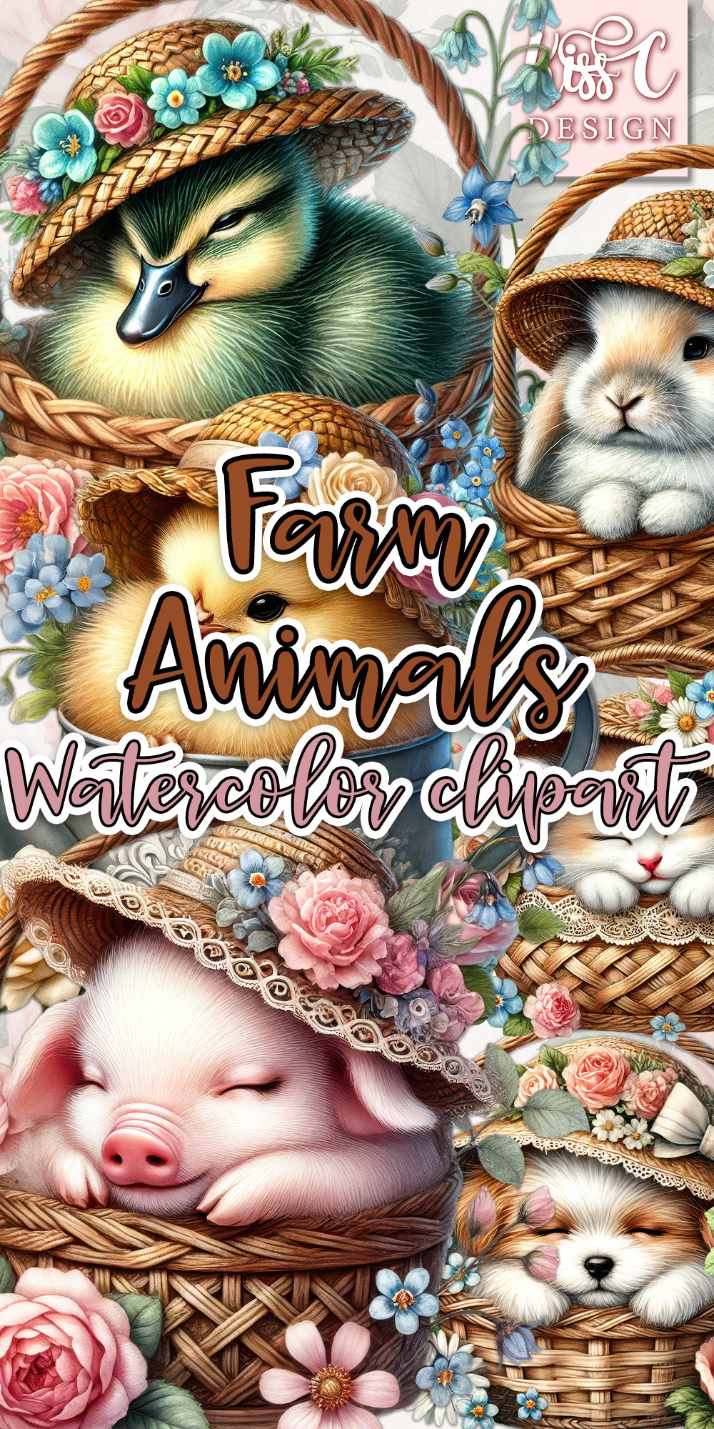 Whimsical Farm Animals Clipart. 12 Watercolor PNG Bundle