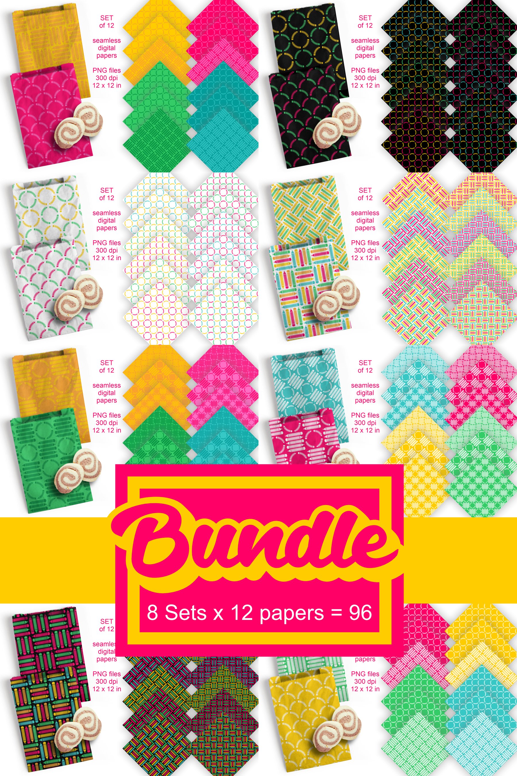 Pencils Back to School Bundle Seamless Papers 8 Sets x 12