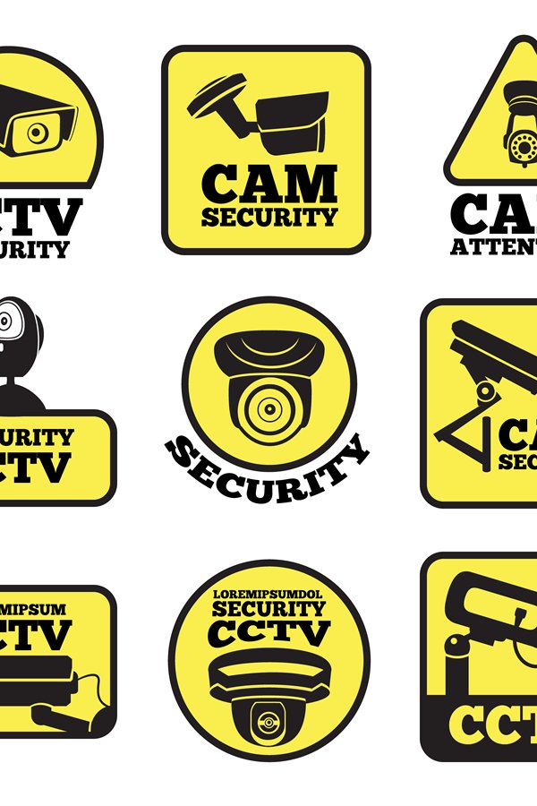 CCTV labels. Vector illustrations with security cameras symb