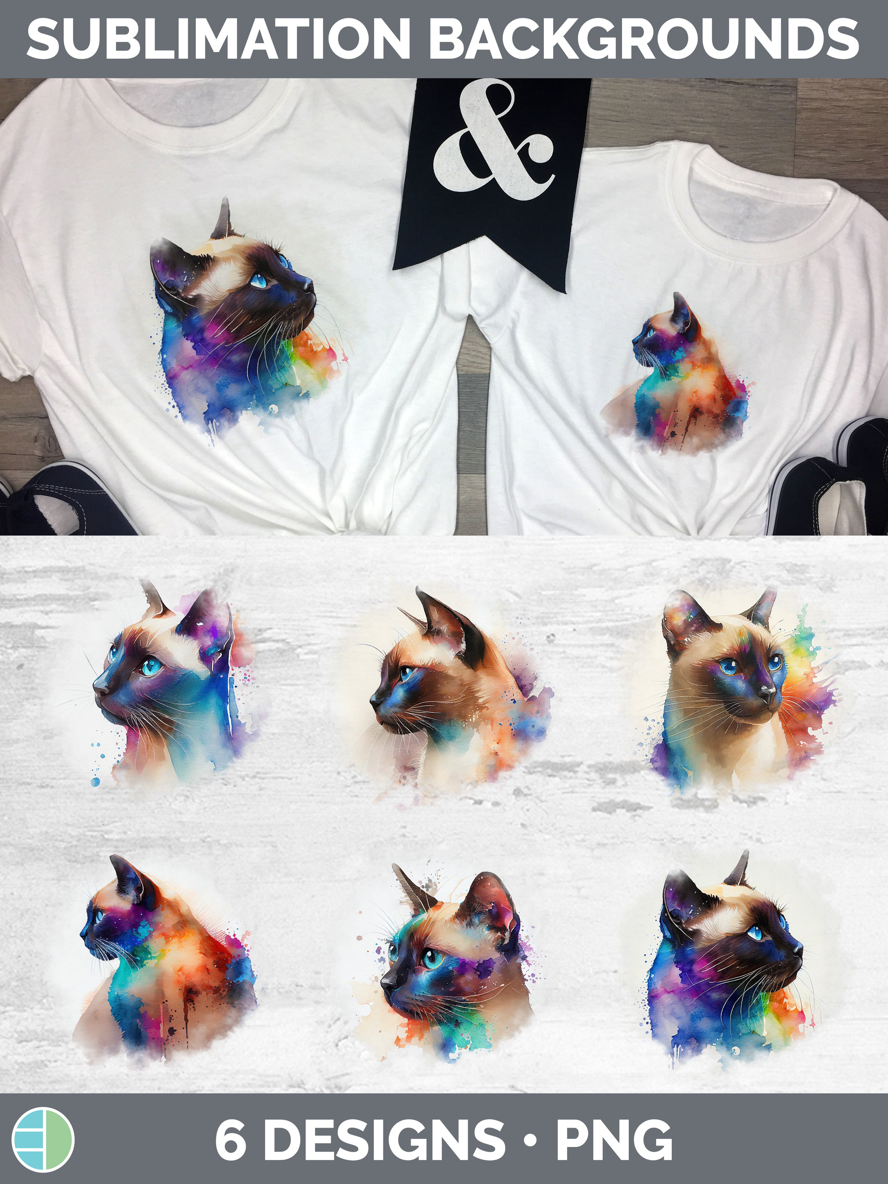 Rainbow Siamese Cat Grunge Background | Sublimation Distress