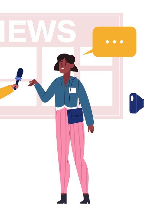 News broadcasting, reporter take interview with reportage he