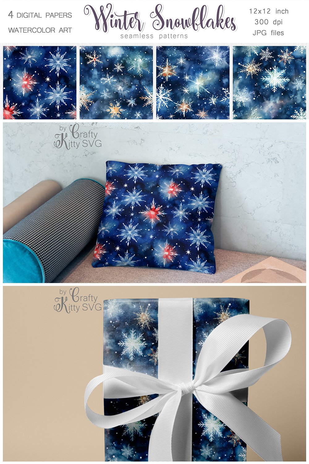Winter Snowflake Seamless Pattern, Watercolor (2941026)