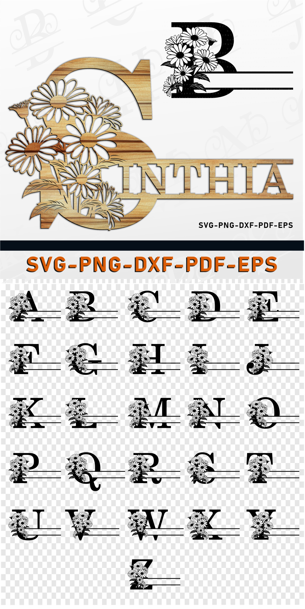 Daisy Monogram Split Letters SVG Laser Cut Files, Font SVG