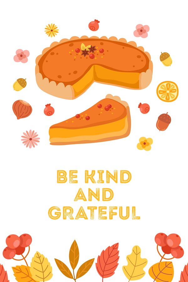Autumn poster with pumpkin pie and yellow orange leaves. Tha