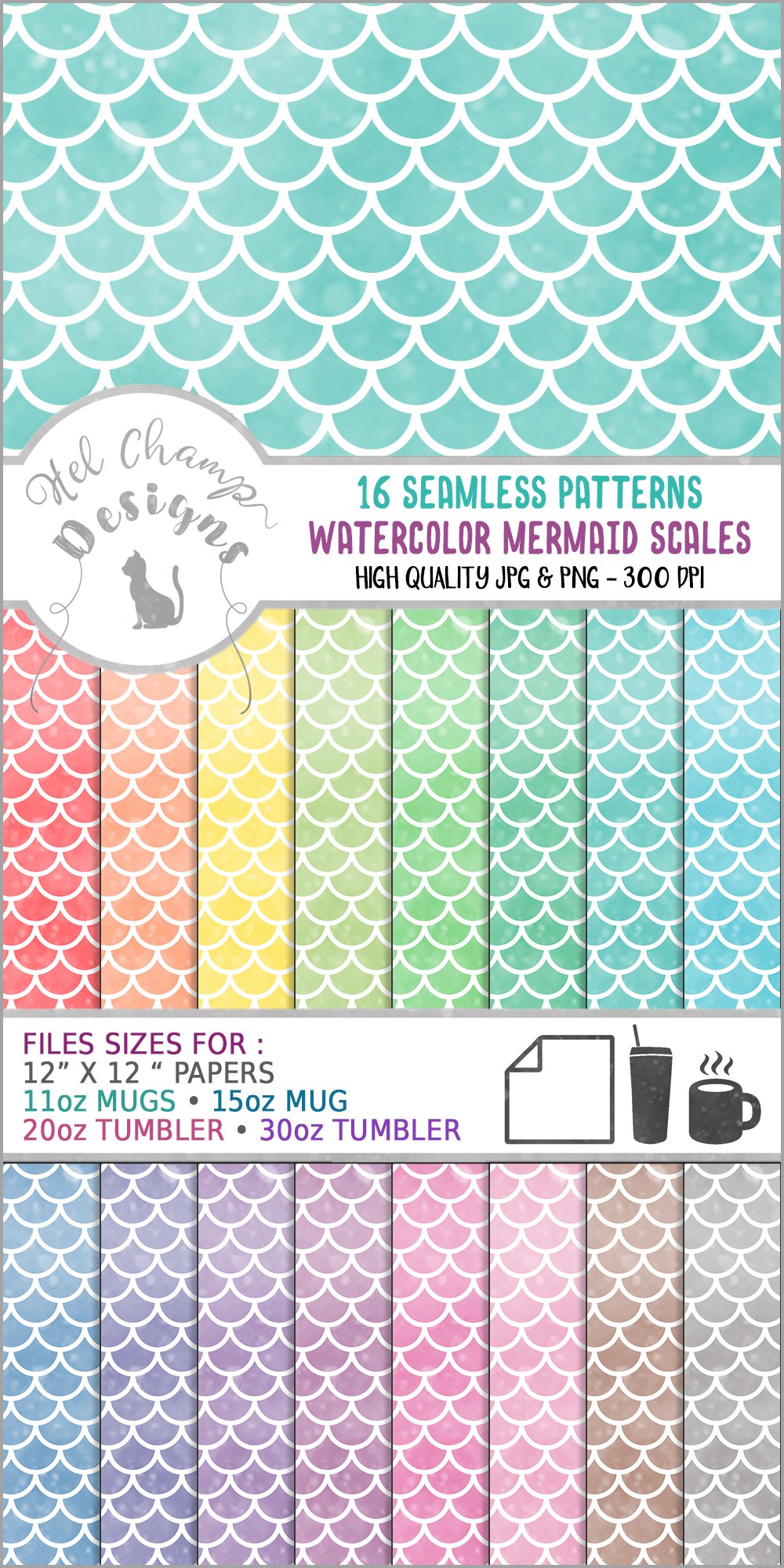 Mermaid Scales Watercolor | Papers | Patterns | (1836949)
