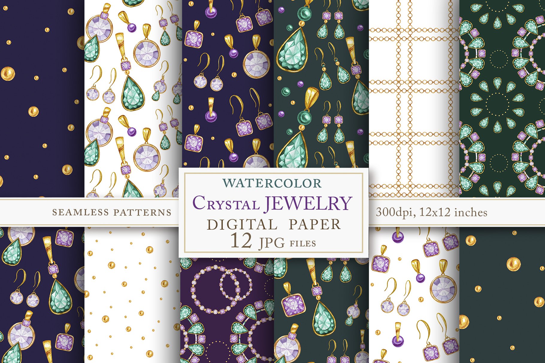 Jewelry Diamonds Crystal seamless pattern Watercolor set