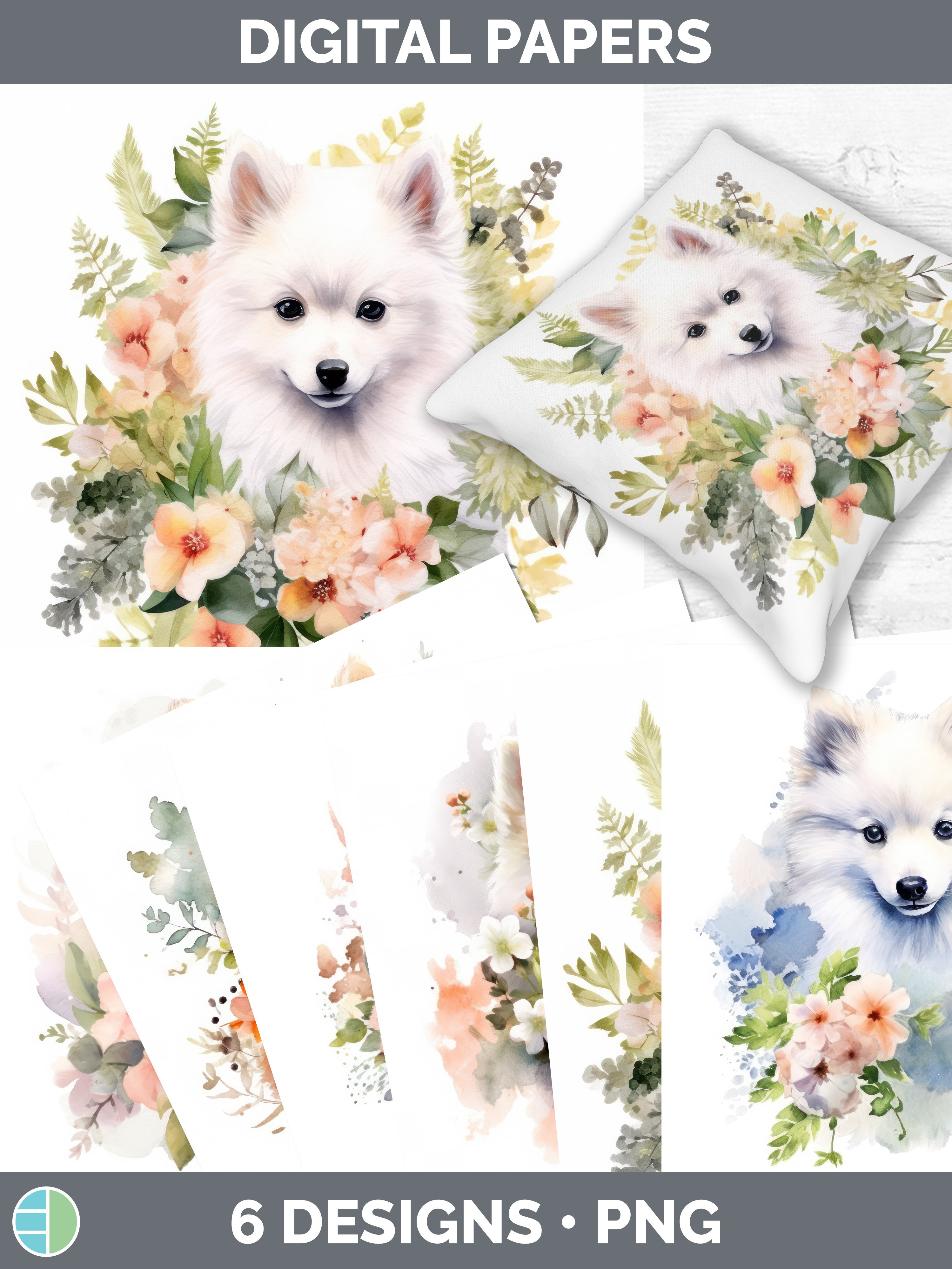 Watercolor Japanese Spitz Dog Paper Backgrounds | Digital Sc