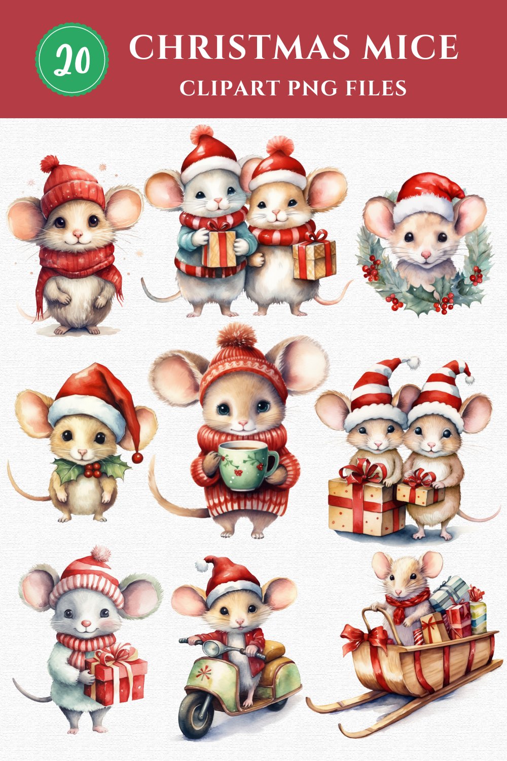 Christmas Mouse Clipart Bundle, PNG Watercolor Illustrations