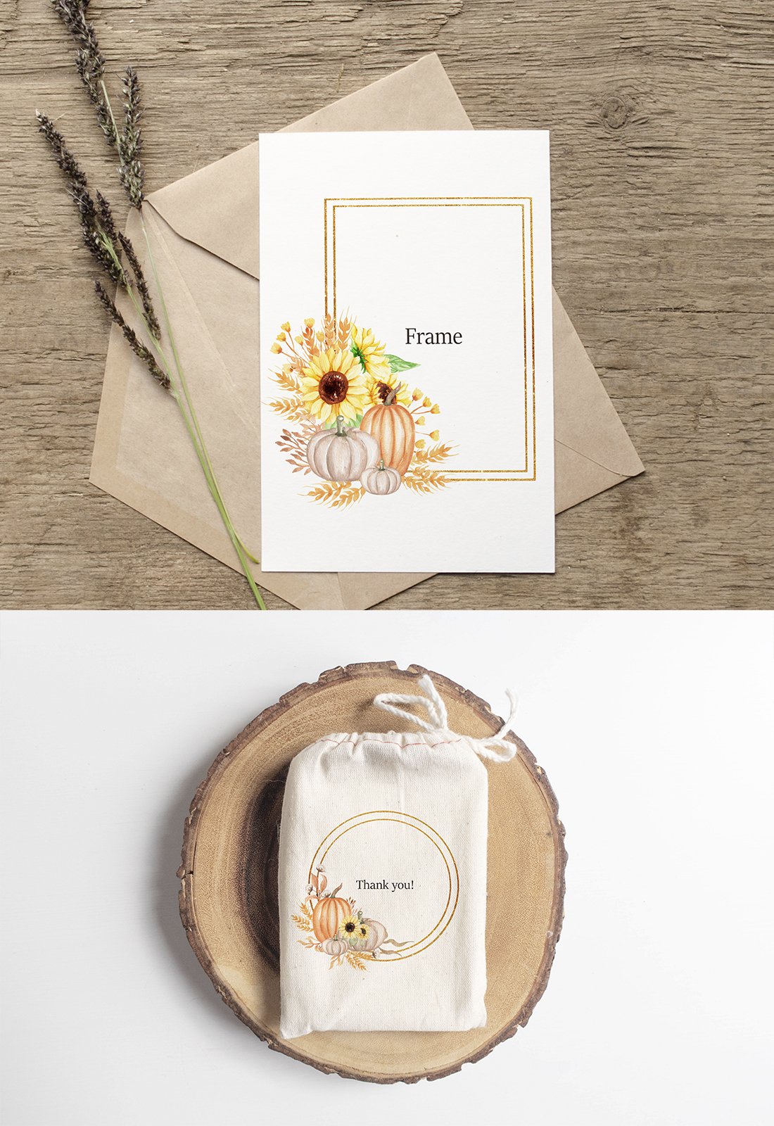 Watercolor Pumpkin and floral Frame set