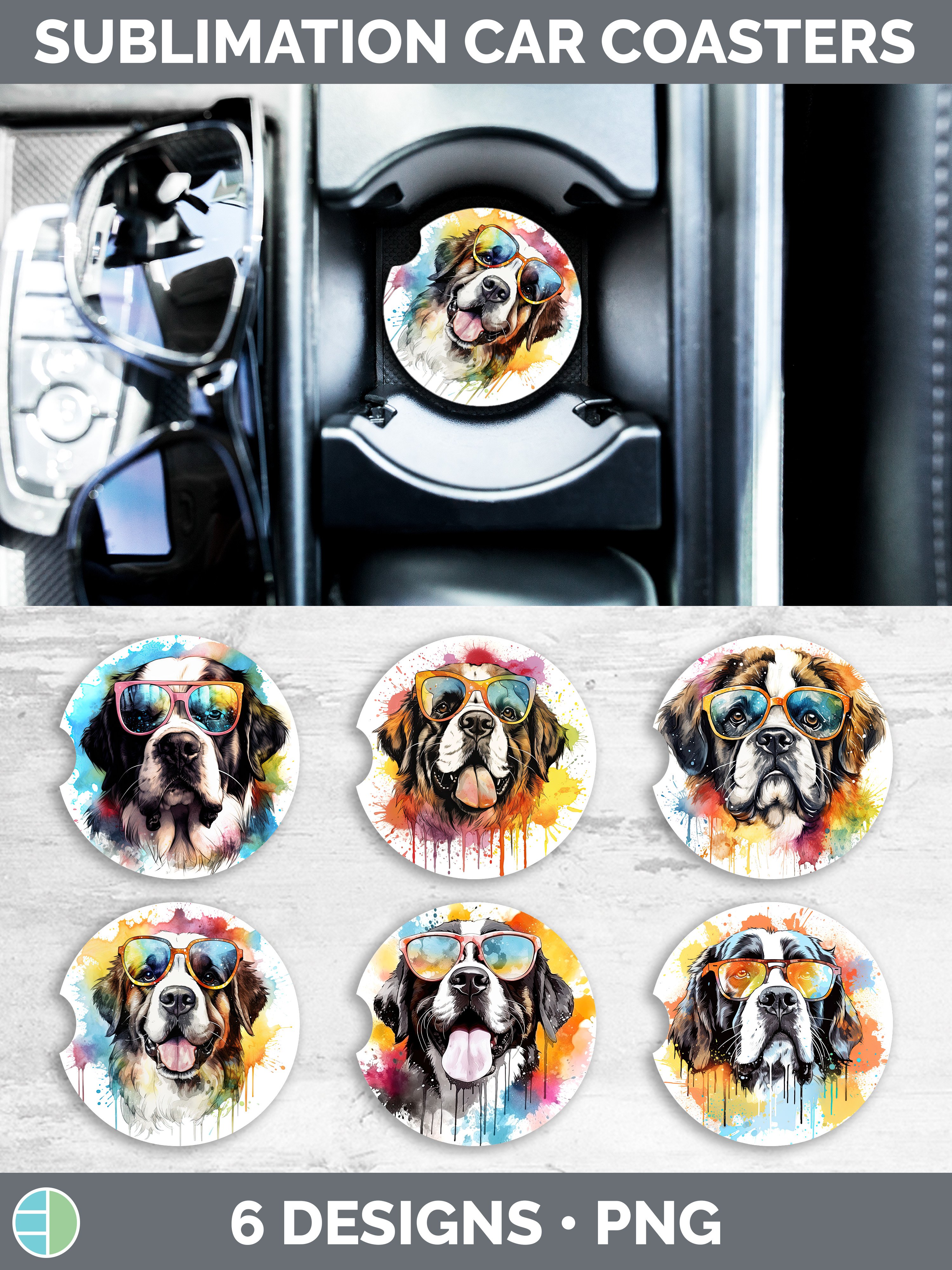 Hipster Saint Bernard Dog Car Coaster | Sublimation Coaster