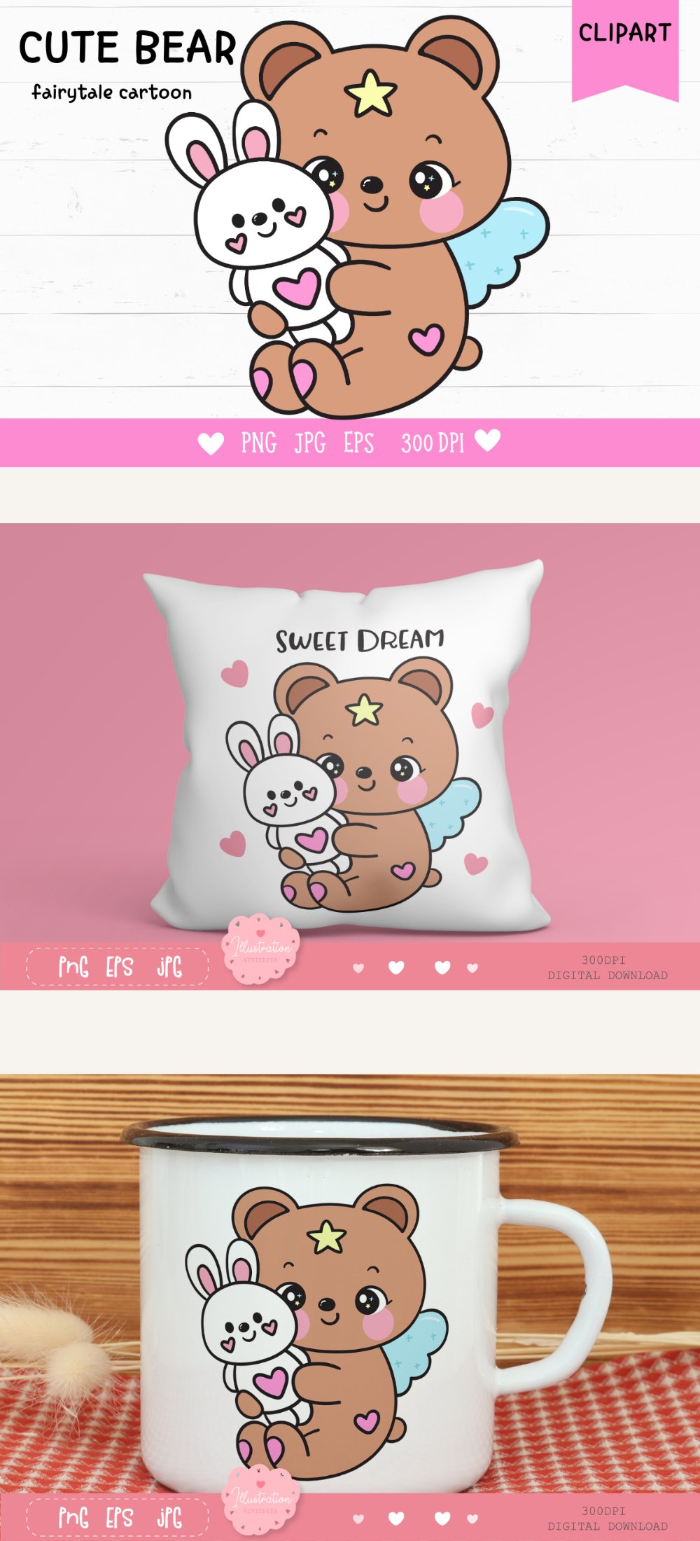 Cute teddy bear on moon with magic star sweet dream fairy