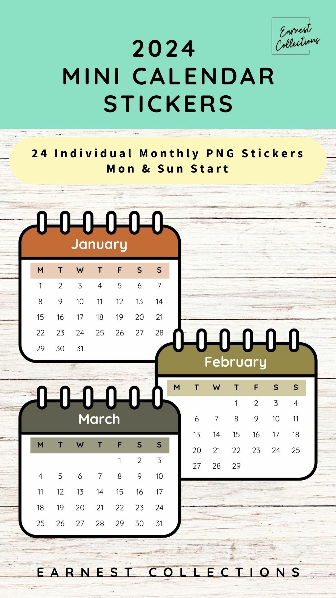 2024 mini calendar stickers for bullet journal and planner