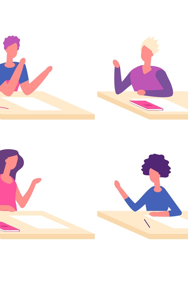 Student at desks. Students learning sitting desk pupils chil