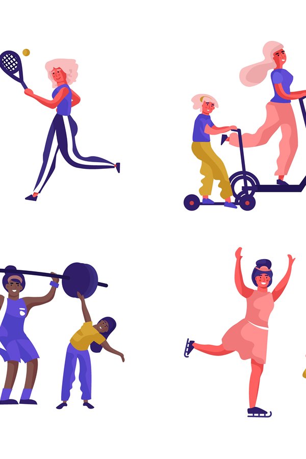 Parents and children sport activities. Cartoon active family