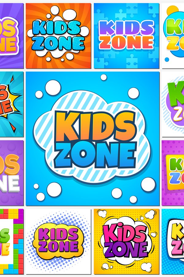 Kids zone. Children game playground banners and labels with