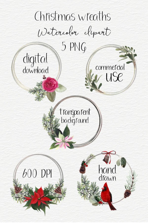 Watercolor christmas wreaths clipart. Sublimation designs
