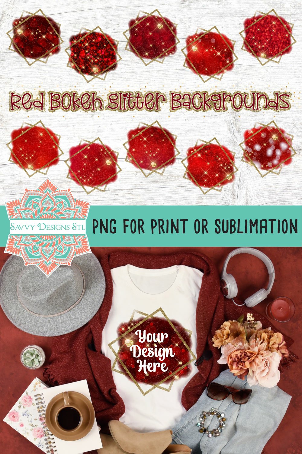Red Bokeh Glitter Backgrounds for Sublimation or Print