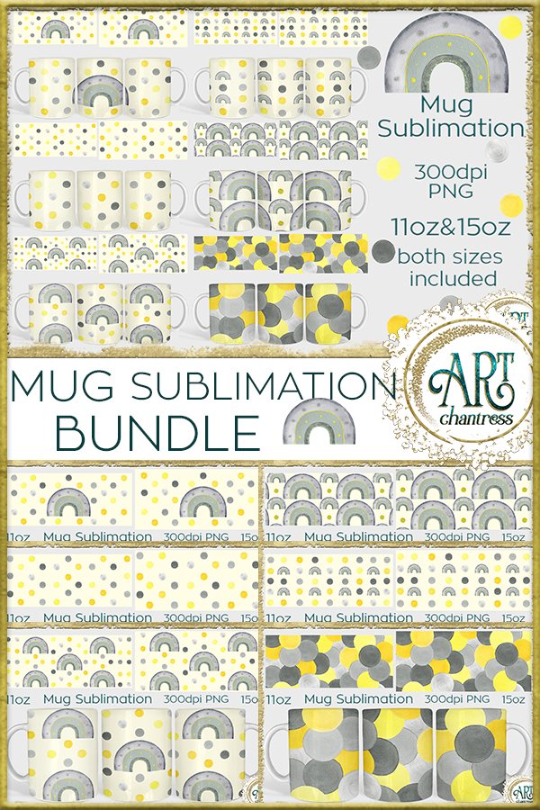 Mug Sublimation Bundle Grey & Yellow Design Rainbow & Dots