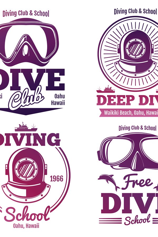 Bright diving school or dive club emblem set design