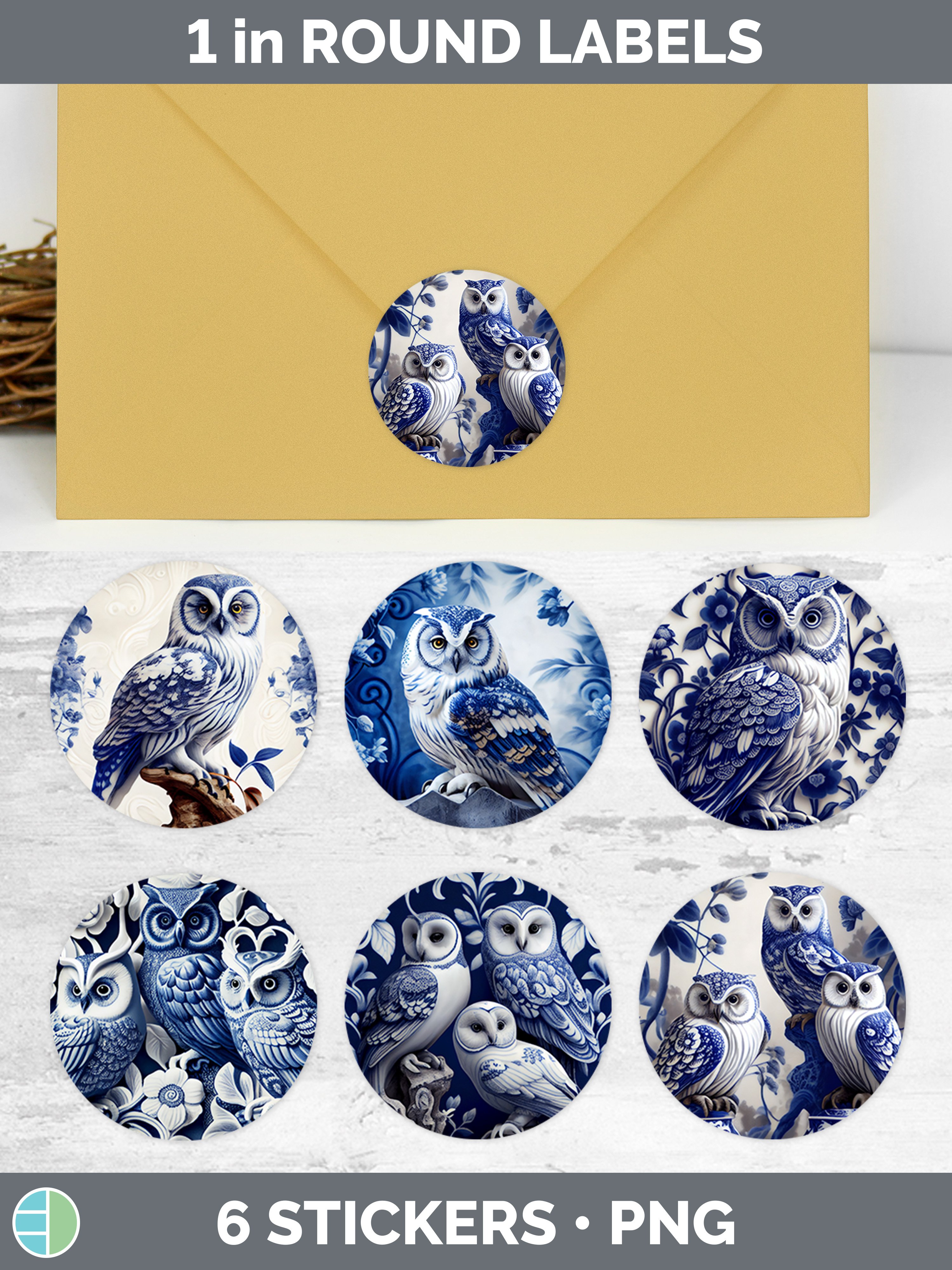 Blue and White Owl Bird Stickers | Round Labels Designs Bund