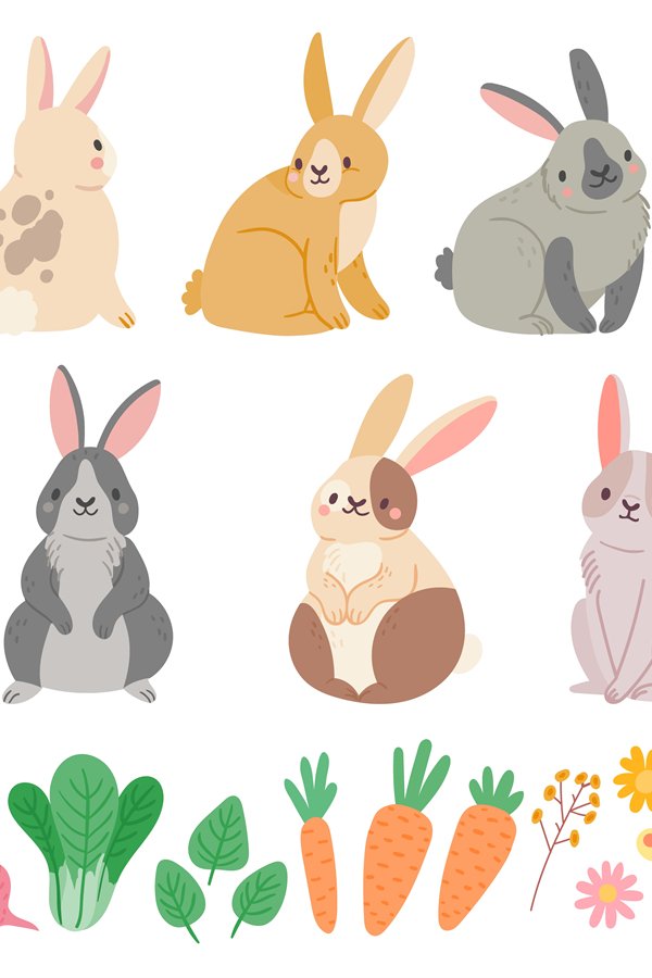 Cartoon cute spring rabbits, hares, flowers and vegetables.