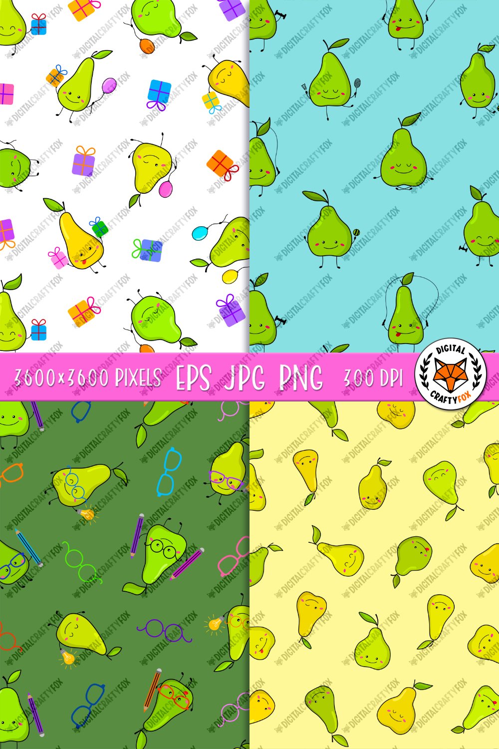 Pear Seamless Patterns, Kawaii Pear Digital Paper