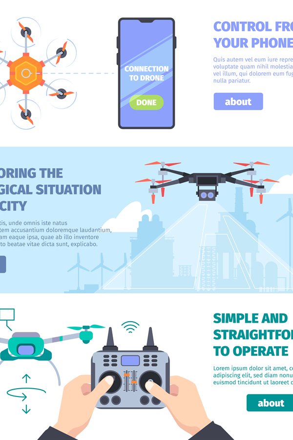 Drones banners. Cityscape surveillance flying smart robots d