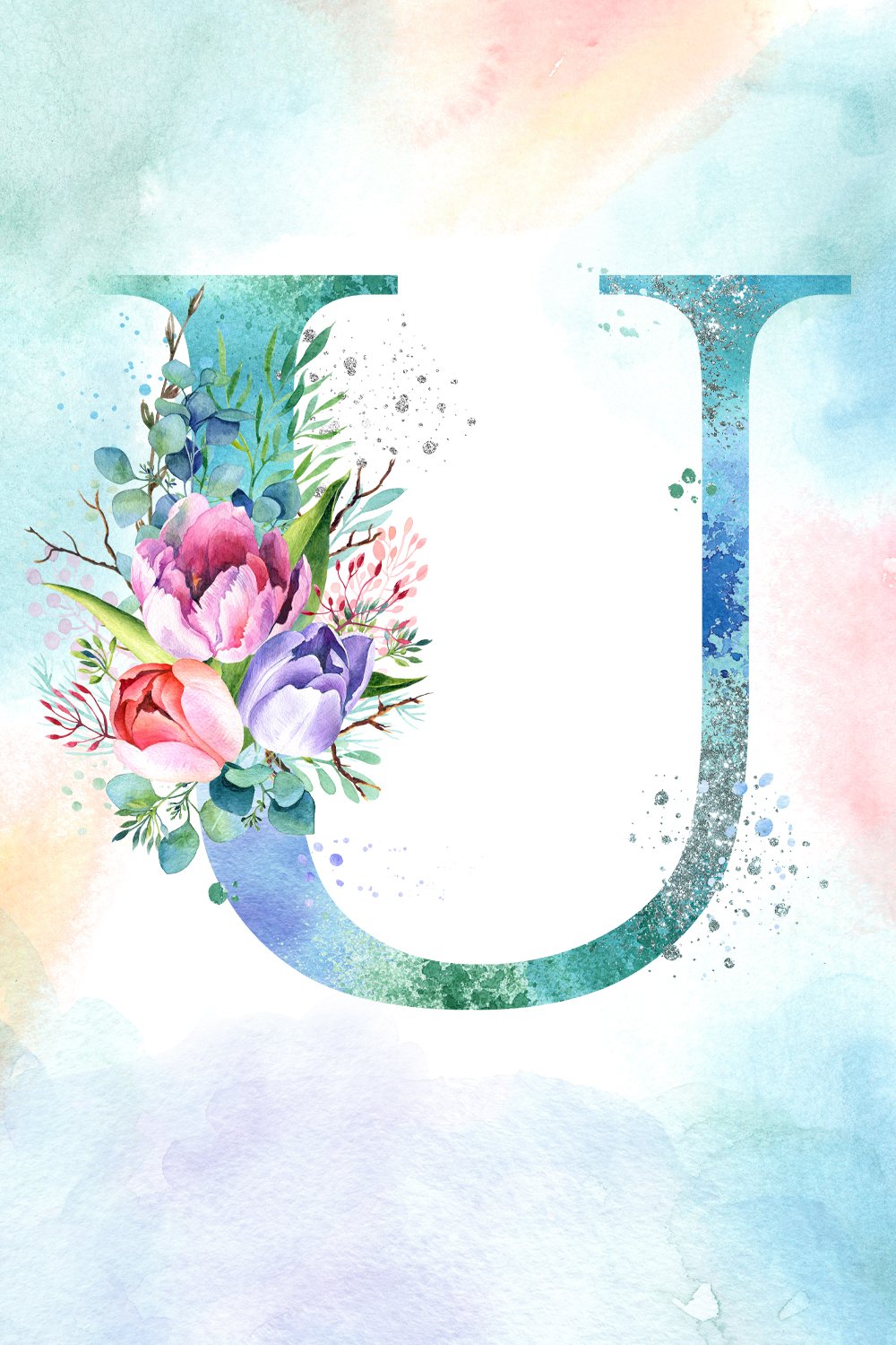 Spring Watercolor Letter. Monogram U. Sublimation Design.
