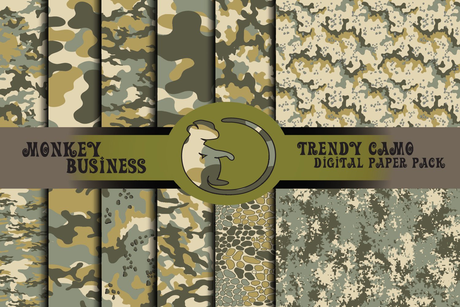 Digital paper pack, Camouflage patterns, High quality JPG
