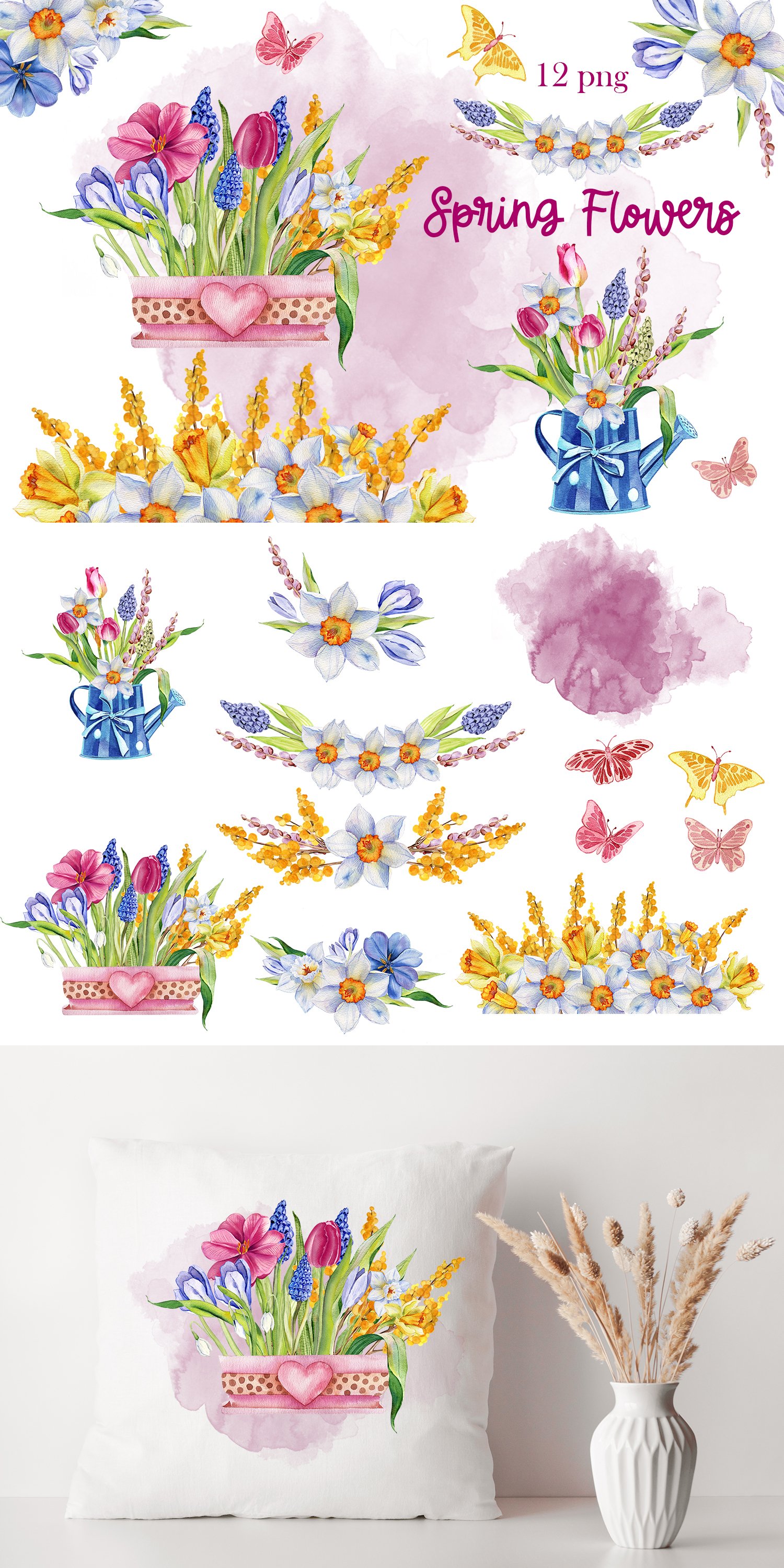 Watercolor Spring flowers, Bouquet flowers (2421978)