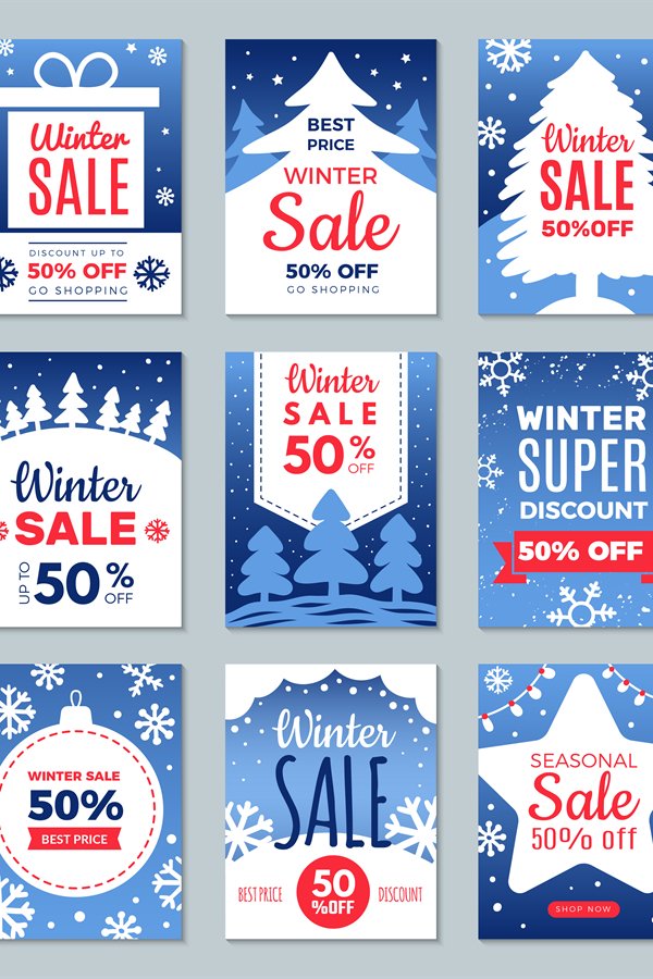 Winter promo cards. Season offers advertising banners labels